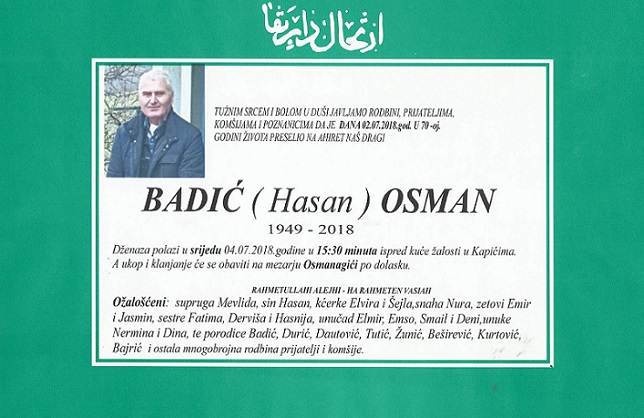 Na Ahiret preselio Badić (Hasan) Osman | Cazin.NET
