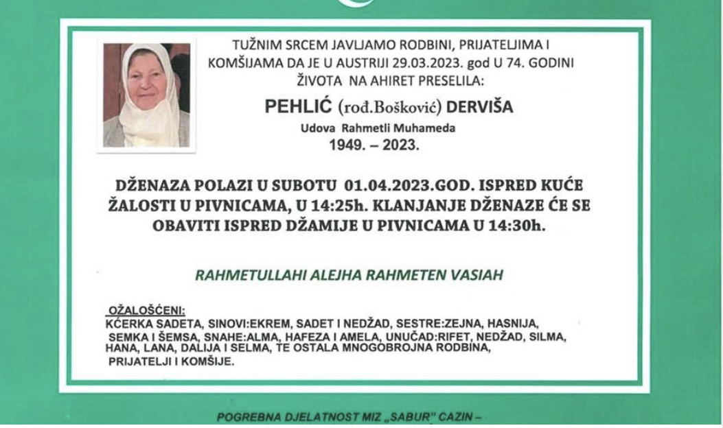 Na Ahiret preselila Pehlić (rođ. Bošković) Derviša | Cazin.NET