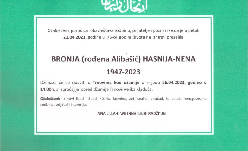 Na Ahiret preselila Bronja (rođ. Alibašić) Hasnija - Nena | Cazin.NET
