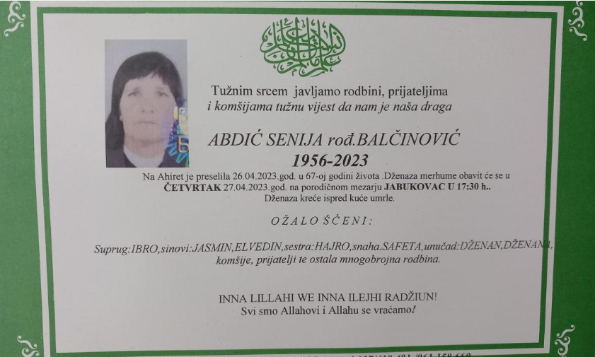 Na Ahiret preselila Abdić Senija rođ. Balčinović | Cazin.NET