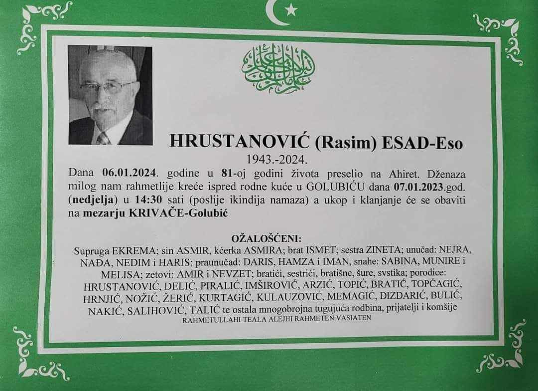 Na Ahiret preselilo Hrustanović (Rasim) Esad- Eso | Cazin.NET