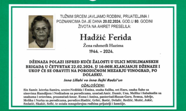 Na Ahiret preselila Hadžić Ferida žena rahmetli Hazima | Cazin.NET