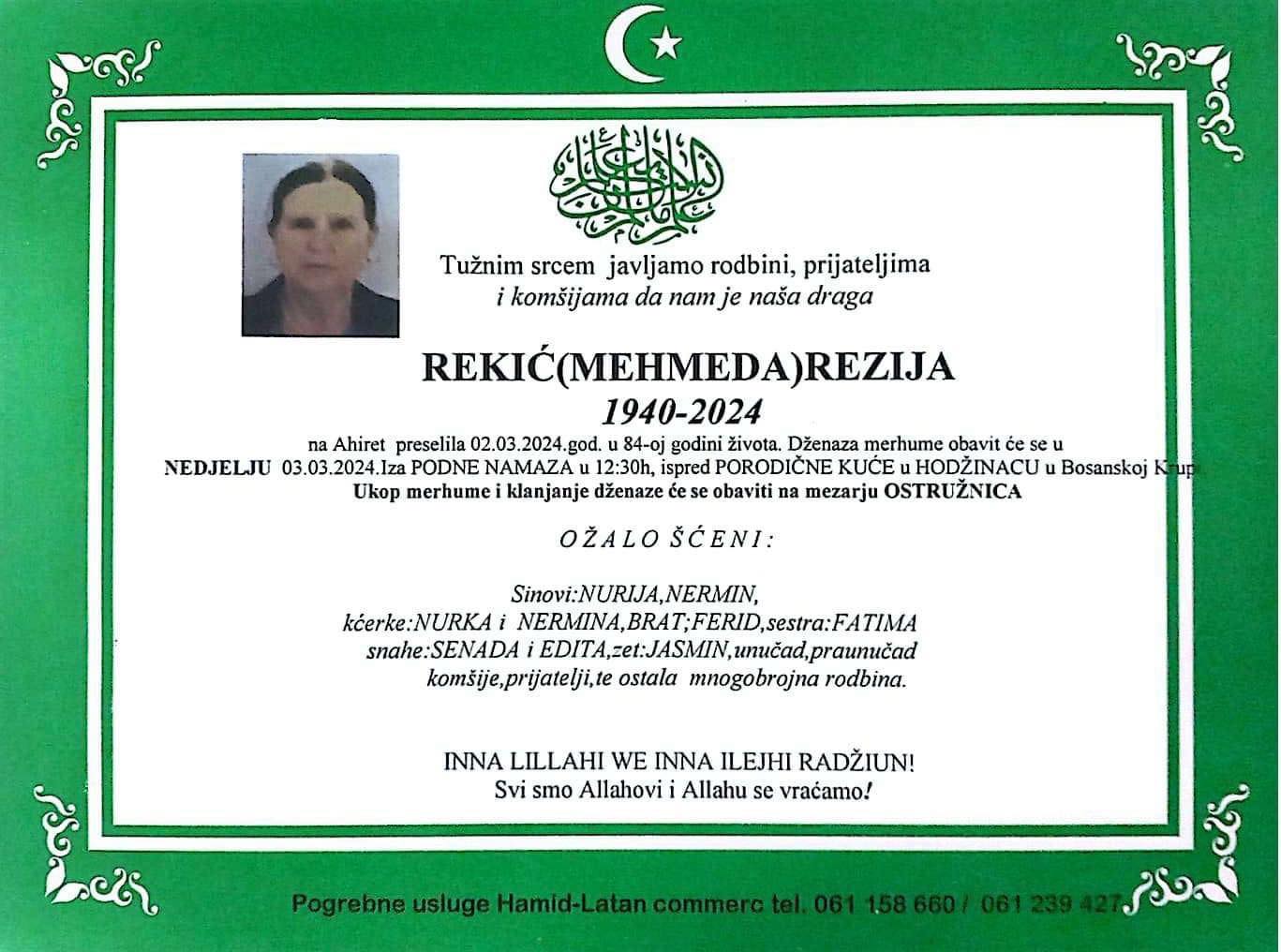 Na Ahiret preselila Rekić (Mehmeda) Rezija | Cazin.NET
