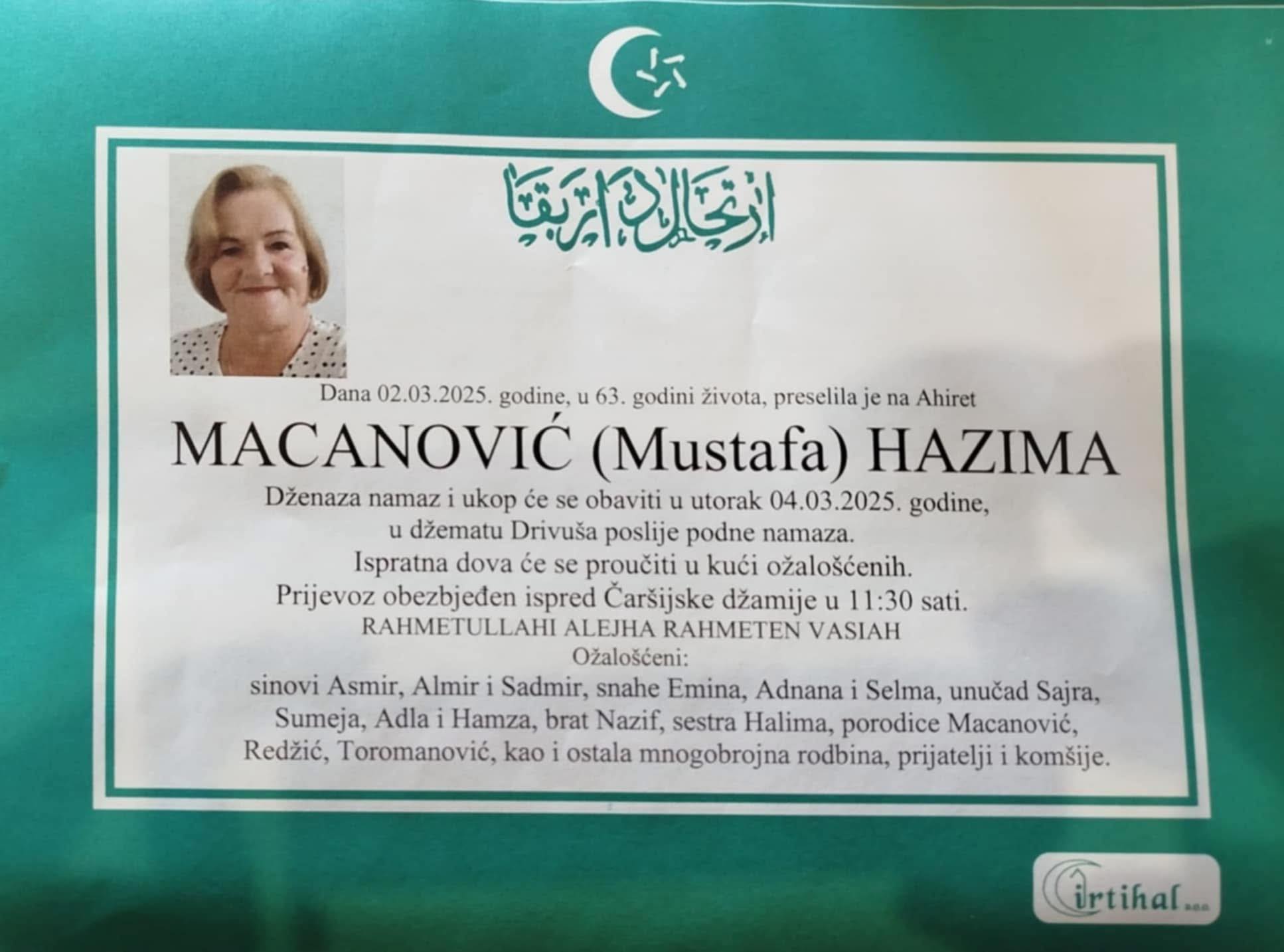 Na ahiret preselila MACANOVIĆ (Mustafa) HAZIMA | Cazin.NET