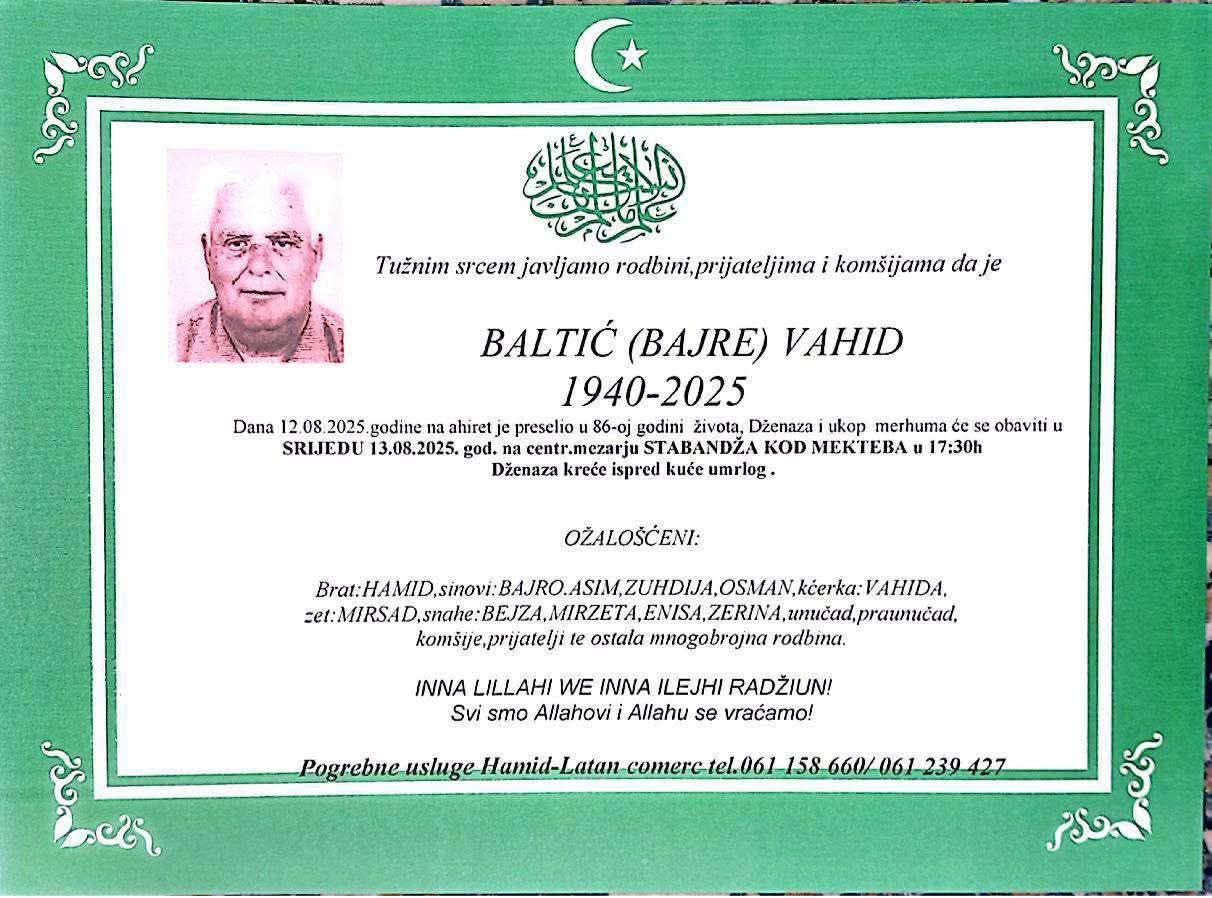 Na Ahiret preselio Baltić (Bajre) Vahid | Cazin.NET