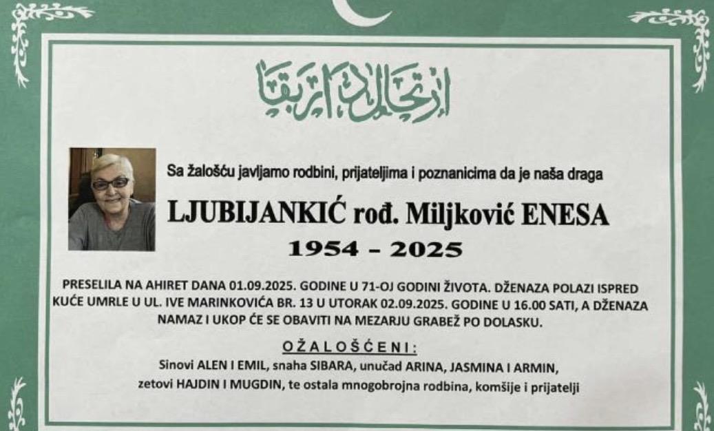 Na Ahiret preselila Ljubijankić rođ. Miljković Enesa | Cazin.NET