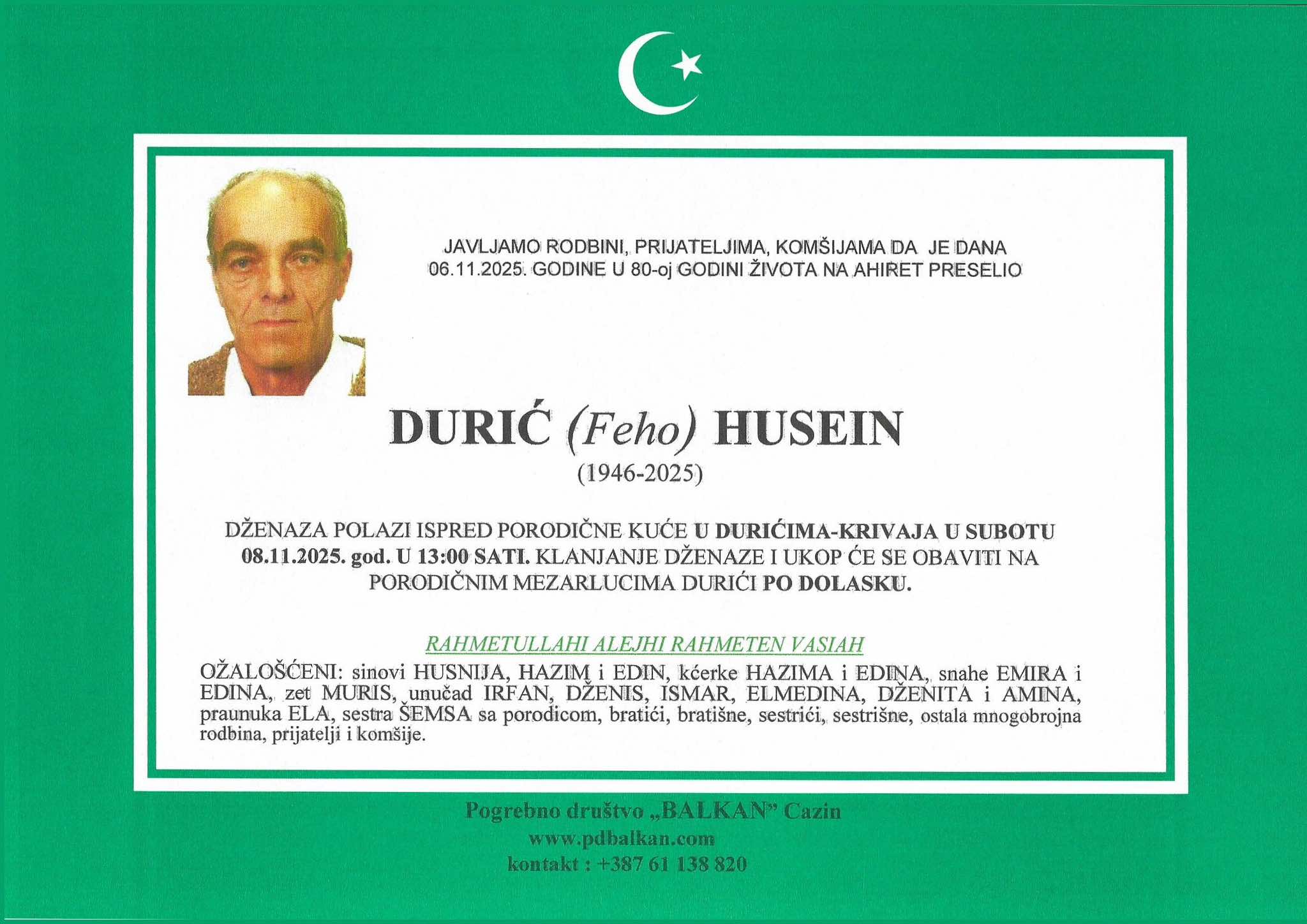 Na Ahiret preselio DURIĆ (Feho) HUSEIN | Cazin.NET