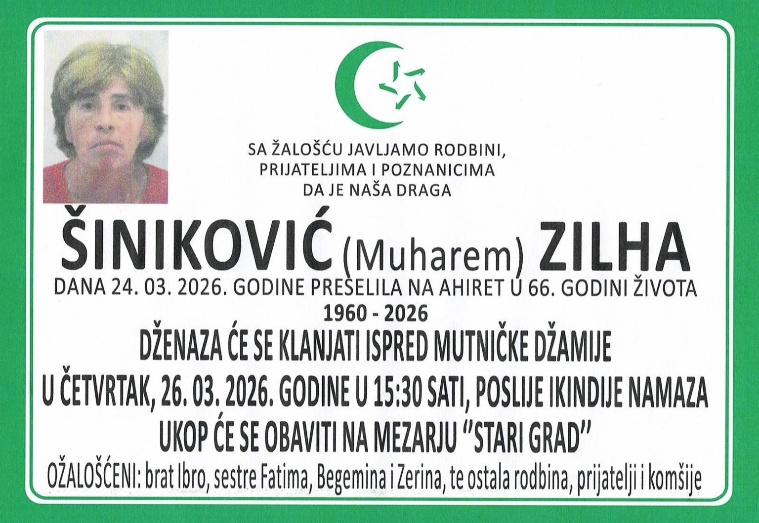 Na Ahiret preselila Šiniković (Muharem) Zilha | Cazin.NET