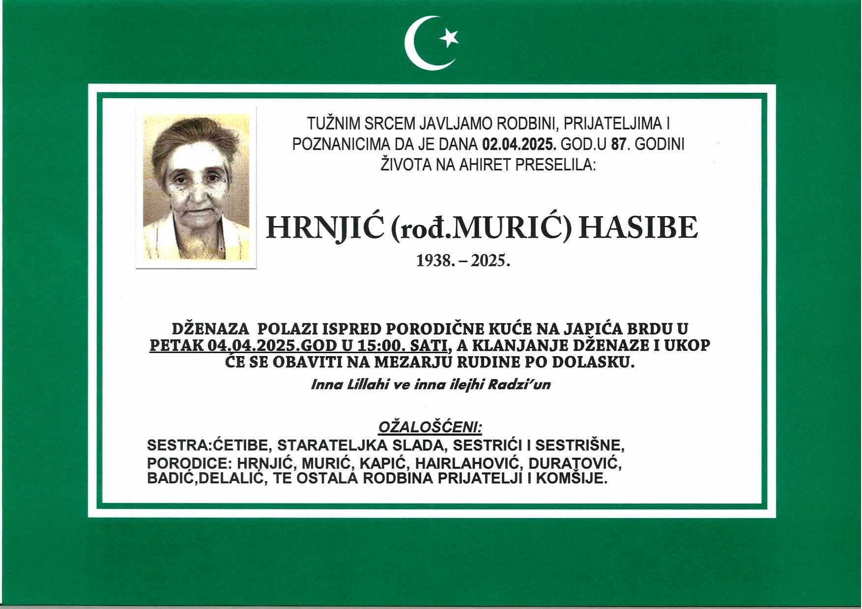 Na Ahiret preselila Hrnjić (rođ. Murić) Hasibe | Cazin.NET