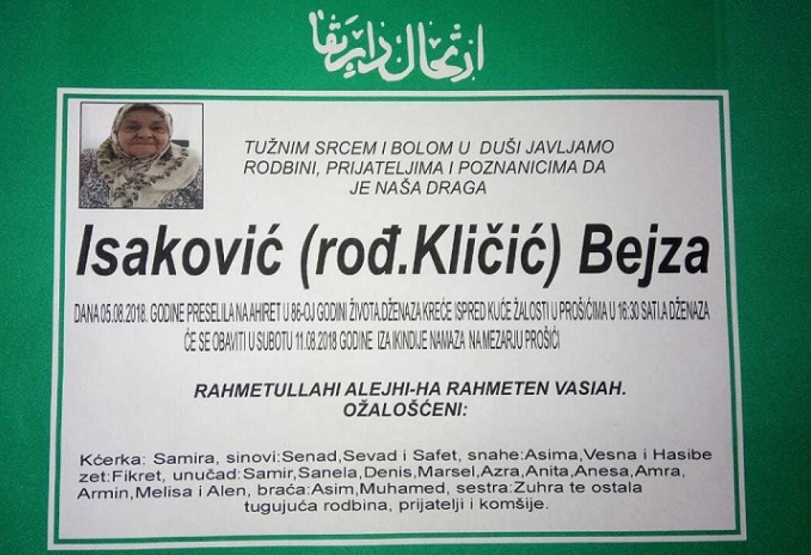Na Ahiret preselila Isaković (rođ.Kličić) Bejza