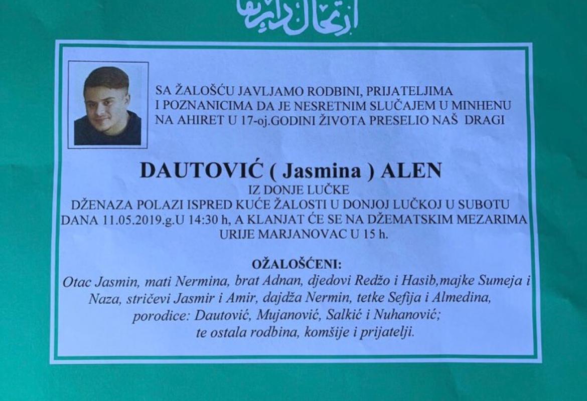 U 17. godini života na Ahiret preselio Dautović (Jasmina) Alen