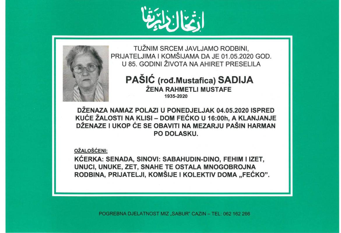 Na Ahiret preselila Pašić (rođ. Mustafica) Sadija, žena rahmetli Mustafe