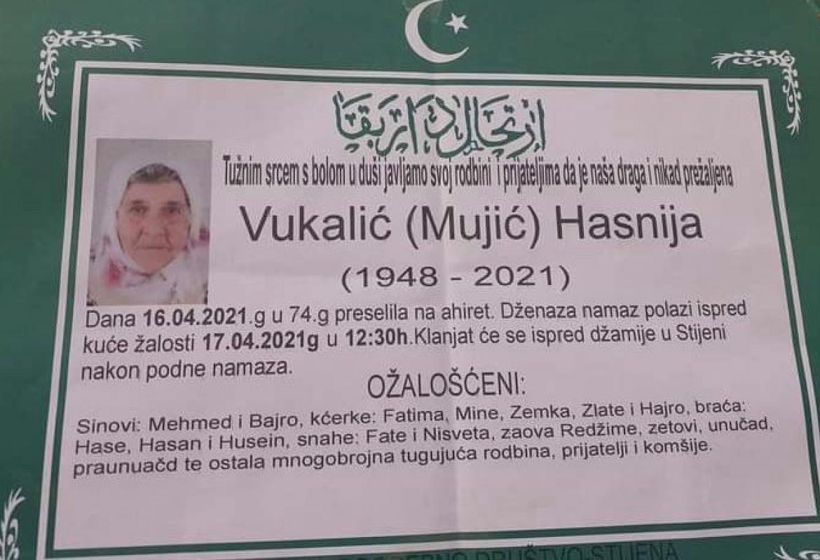 Na Ahiret preselila Vukalić (Mujić) Hasnija