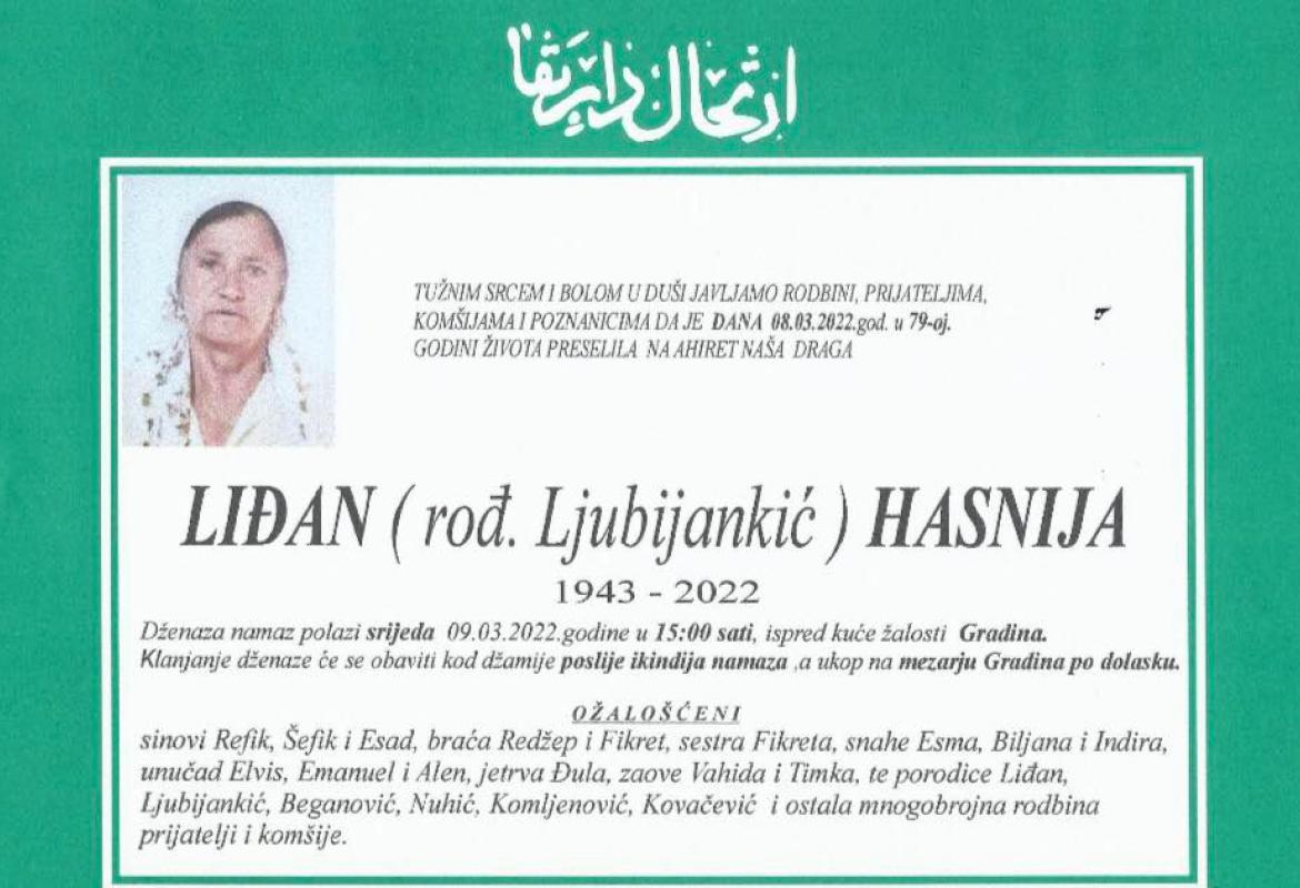 Na Ahiret preselila Liđan (rođ. Ljubijankić) Hasnija