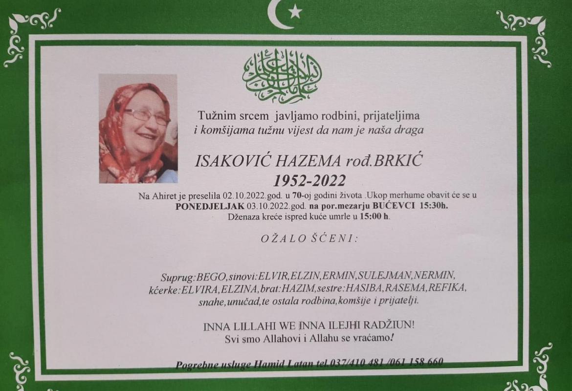 Na Ahiret preselila Isaković Hazema rođ. Brkić