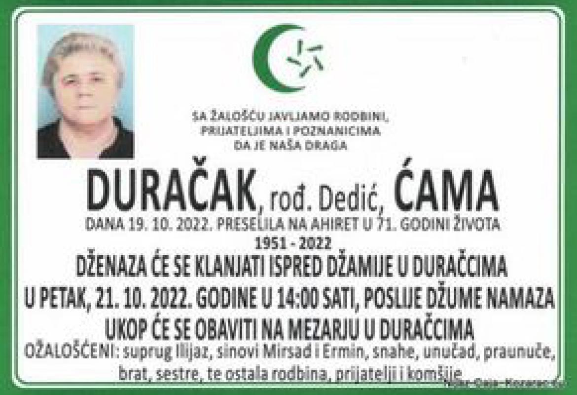 Na Ahiret preselila Duračak, rođ.Dedić, Ćama