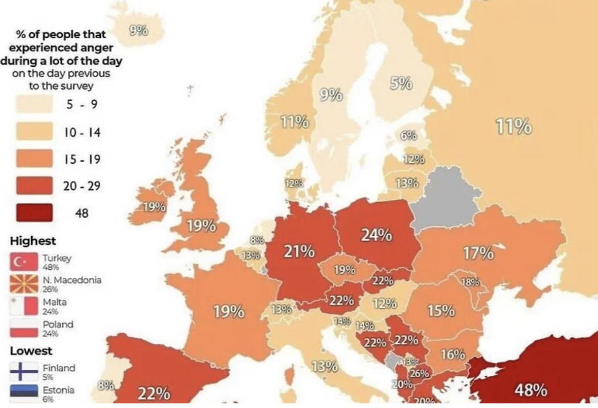 Mapa Evrope koja prikazuje koji narod se najviše ljuti, evo na kojem ...