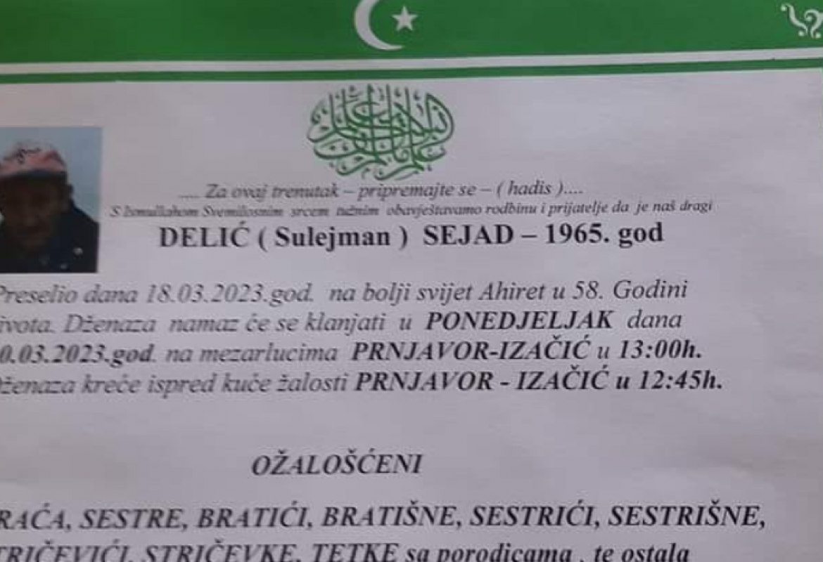 Na Ahiret preselio Delić (Sulejman) Sejad