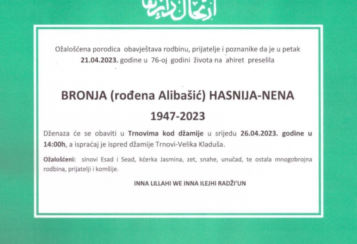 Na Ahiret preselila Bronja (rođ. Alibašić) Hasnija - Nena