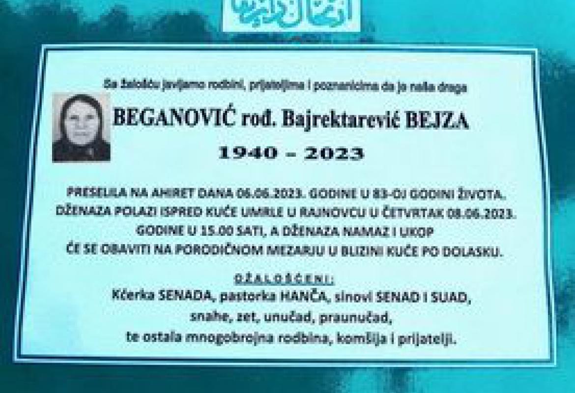 Na Ahiret preselila Beganović rođ. Bajrektarević Bejza