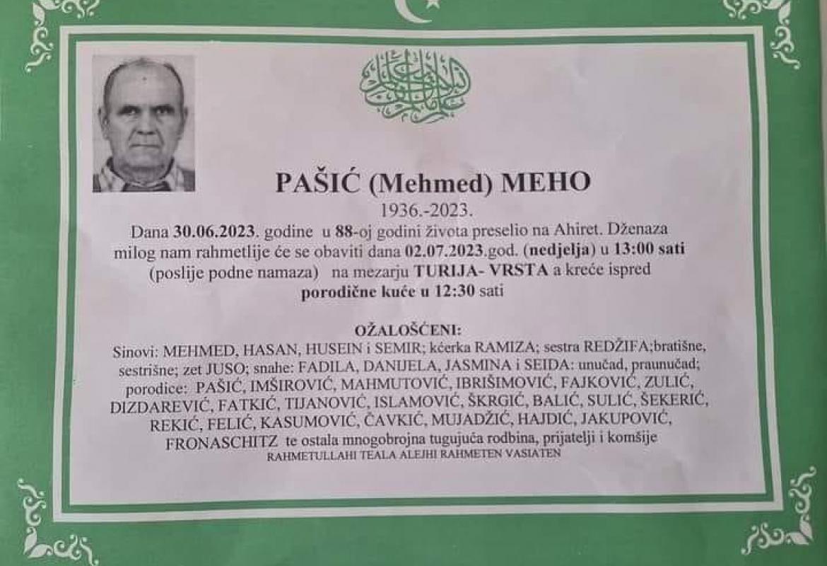 Na Ahiret preselio Pašić (Mehmed) Meho