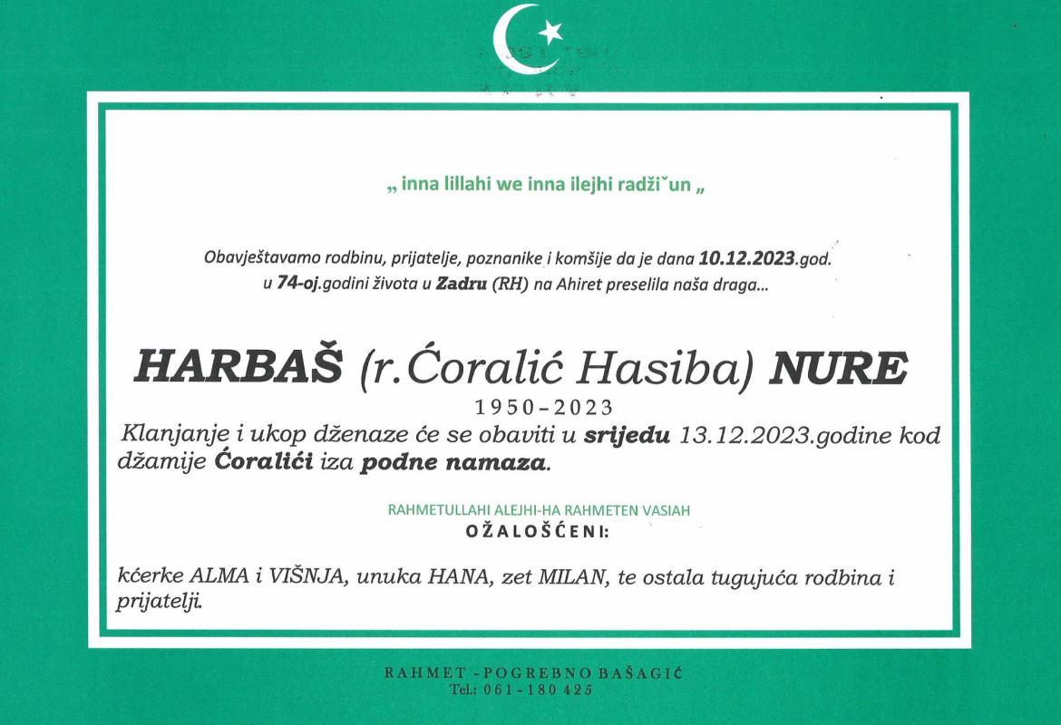 Na Ahiret preselila Harbaš (r. Ćoralić Hasiba) Nure