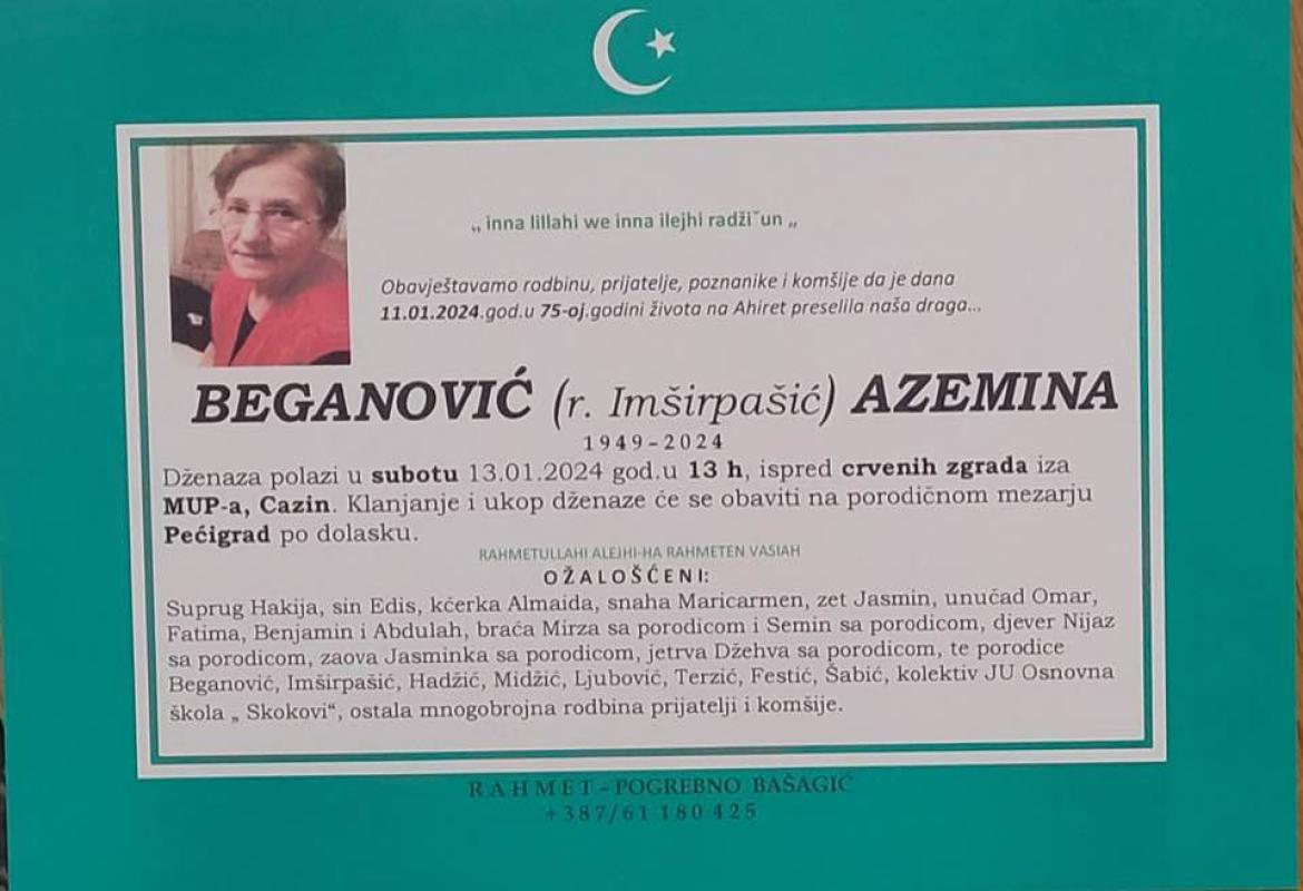 Na Ahiret preselila Beganović (rođ. Imširpašić) Azemina