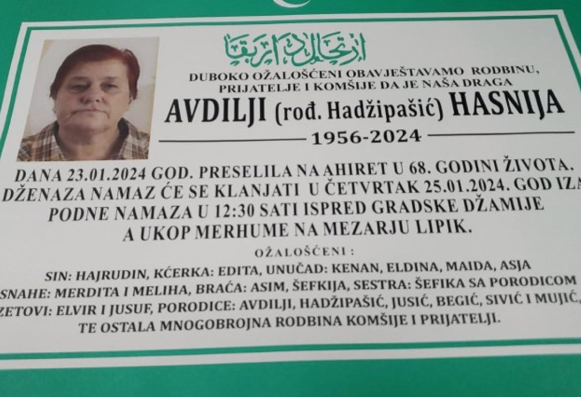 Na Ahiret preselila Avdilji (rođ. Hadžipašić) Hasnija