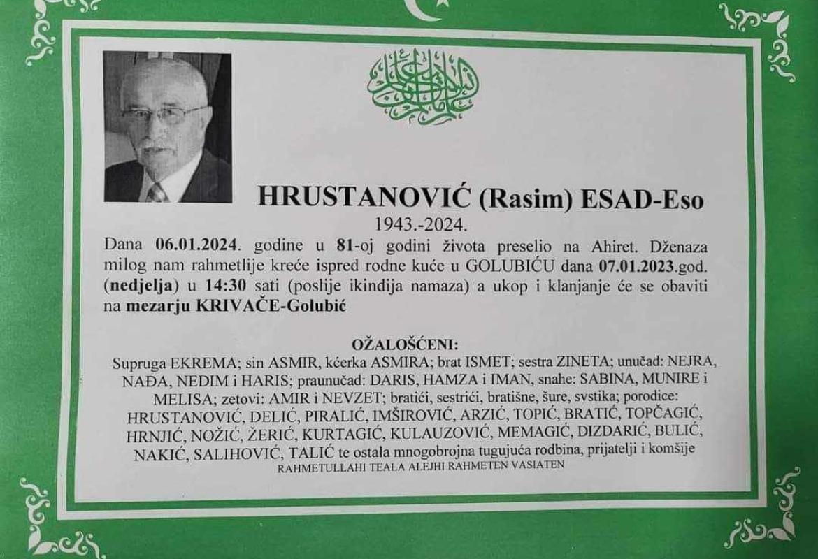 Na Ahiret preselilo Hrustanović (Rasim) Esad- Eso
