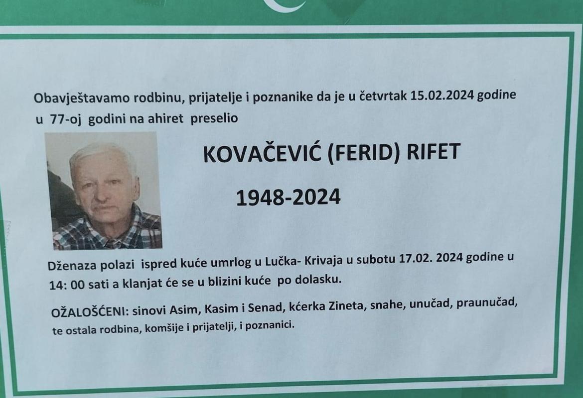 Na Ahiret preselio Kovačević (Ferid) Rifet