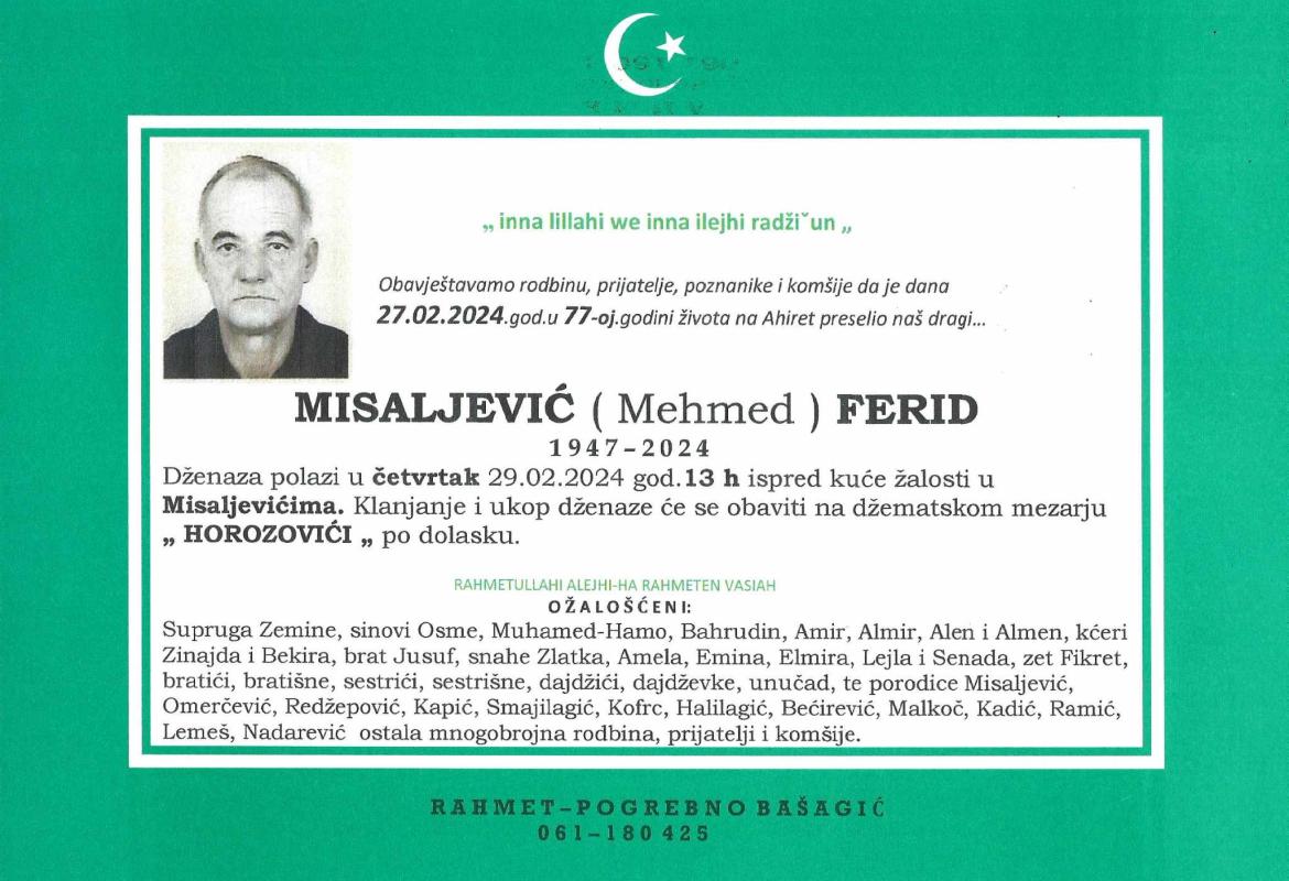 Na Ahiret preselio Misaljević (Mehmed) Ferid