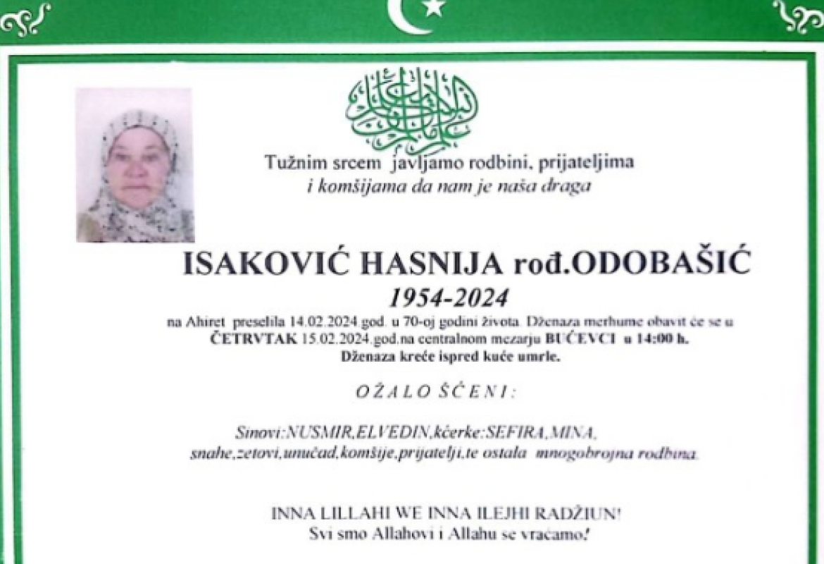 Na Ahiret preselila ISAKOVIĆ HASNIJA rođ. ODOBAŠIĆ