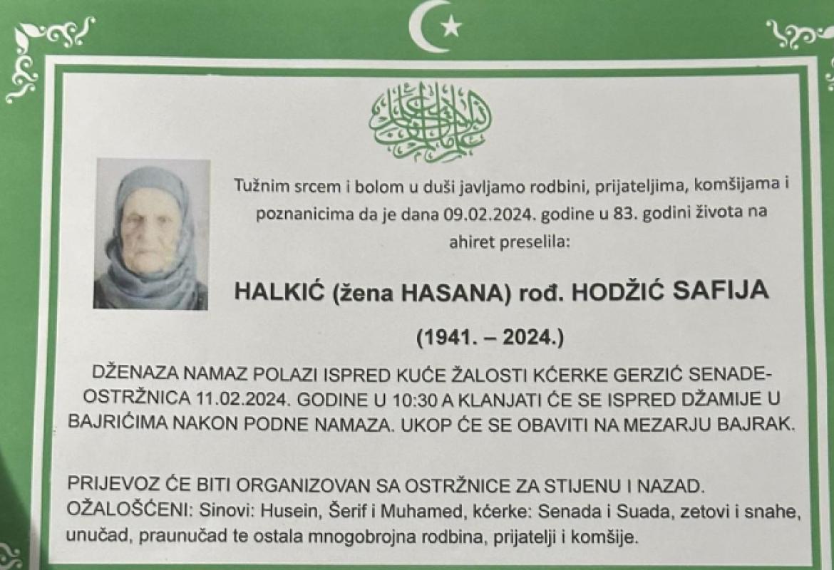 Na Ahiret preselila Halkić (rođ. Hodžić) Safija