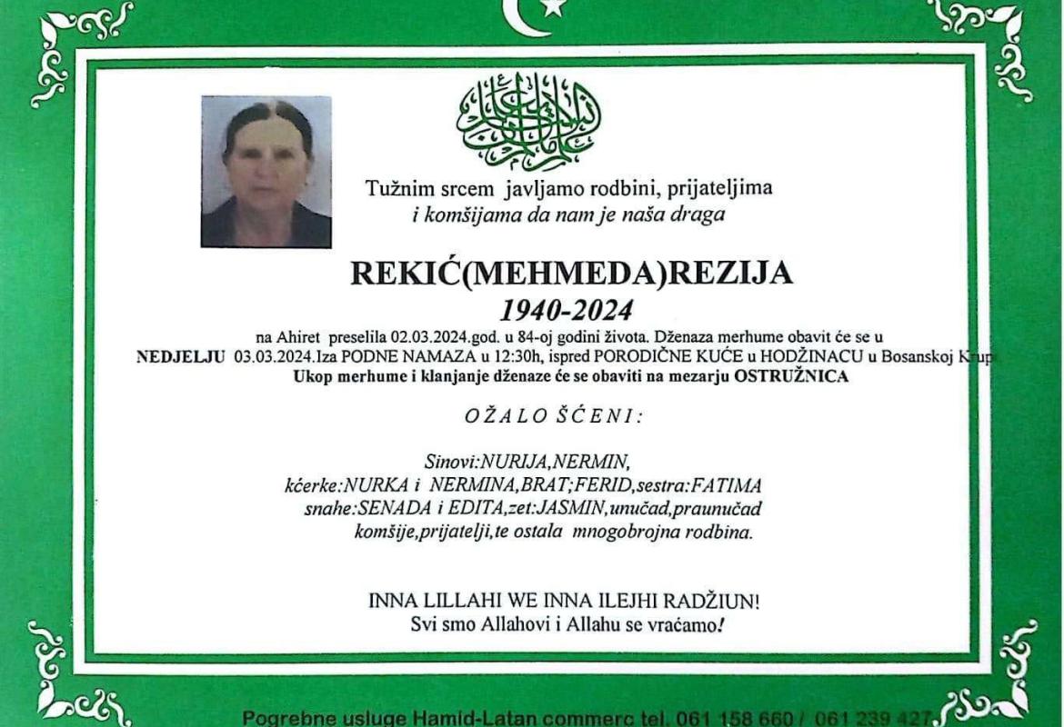 Na Ahiret preselila Rekić (Mehmeda) Rezija