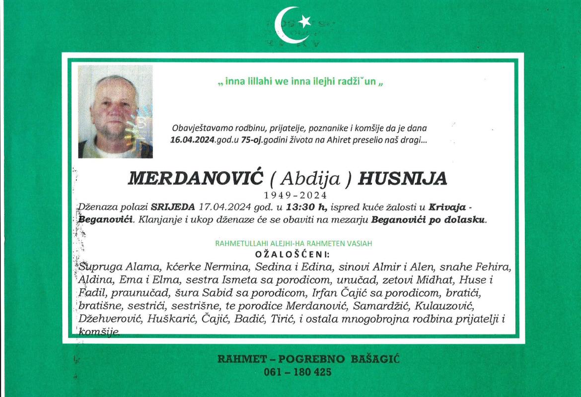 Na Ahiret preselio Merdanović (Abdija) Husnija