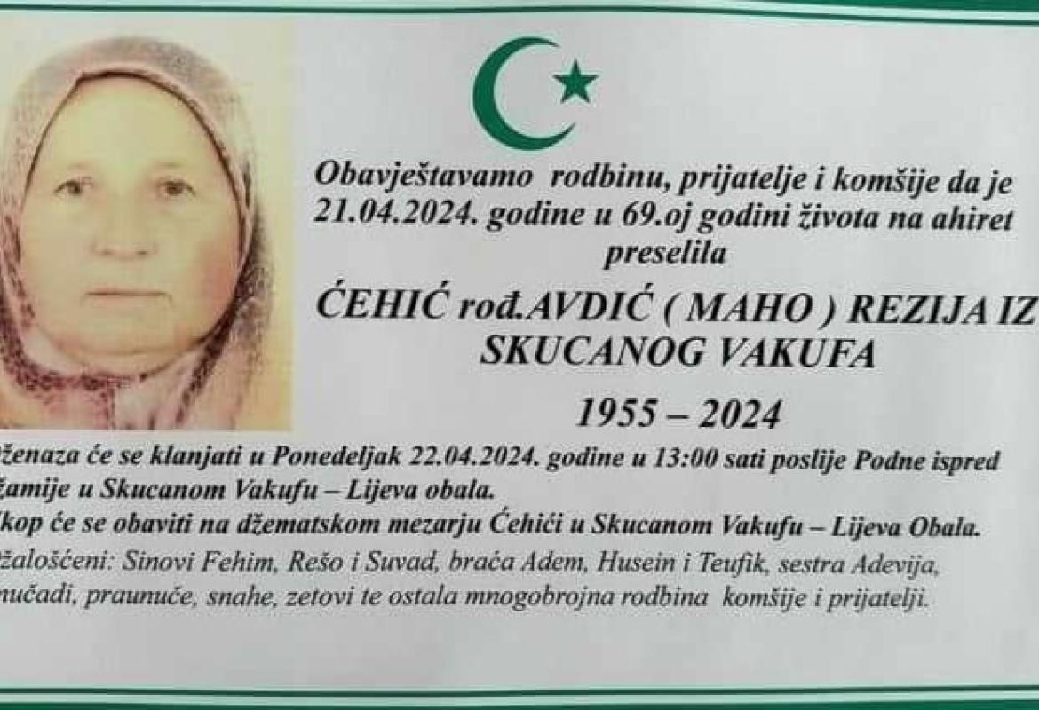 Na Ahiret preselila Ćehić rođ. Avdić (Meho) Rezija