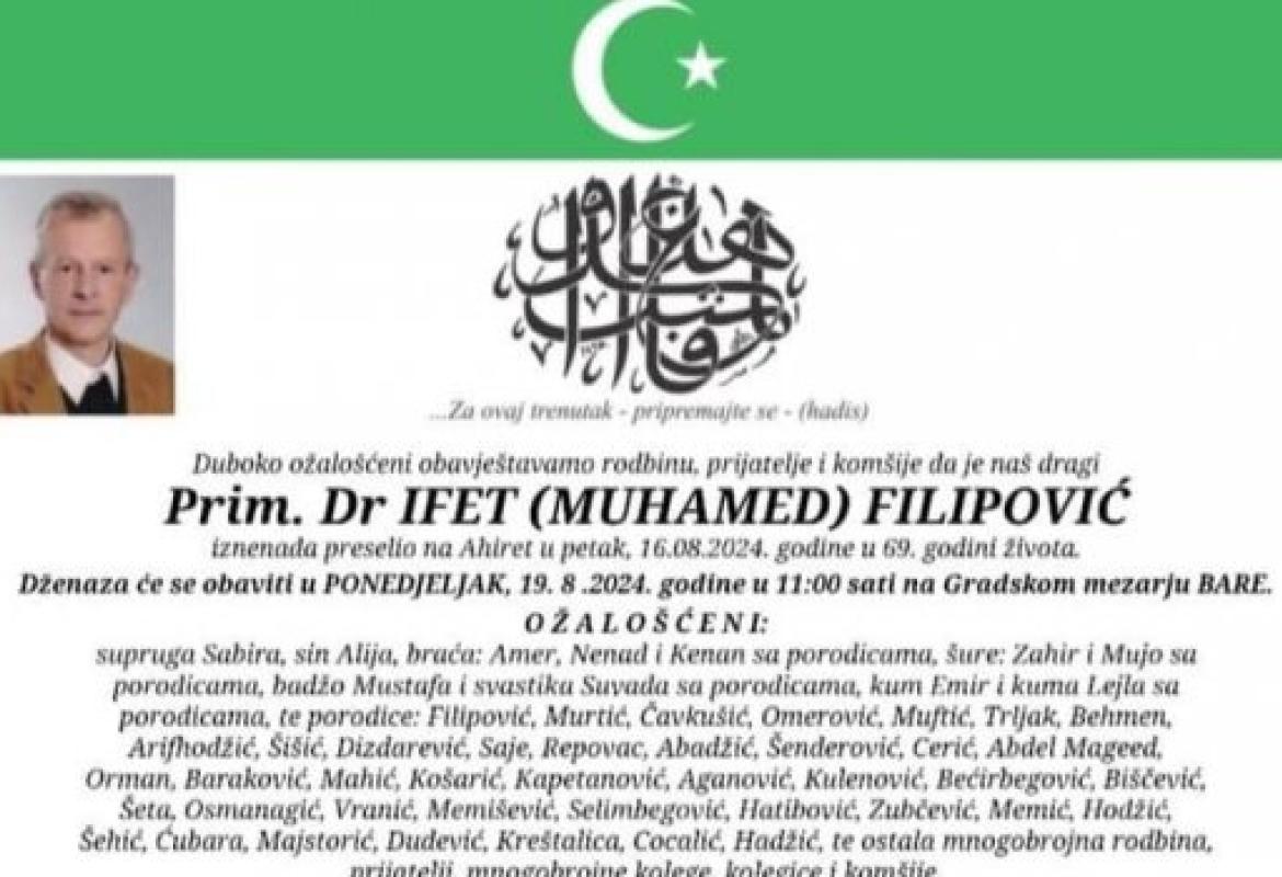 Iznenadna smrt dr. Ifeta Filipovića: Preminuo sin rahmetli akademika Muhameda Filipovića