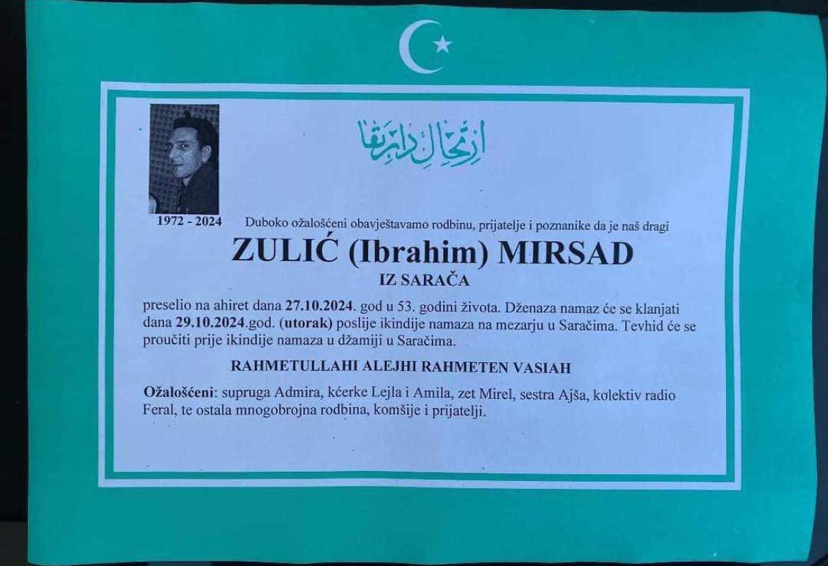 Na Ahiret preselio Zulić (Ibrahim) Mirsad