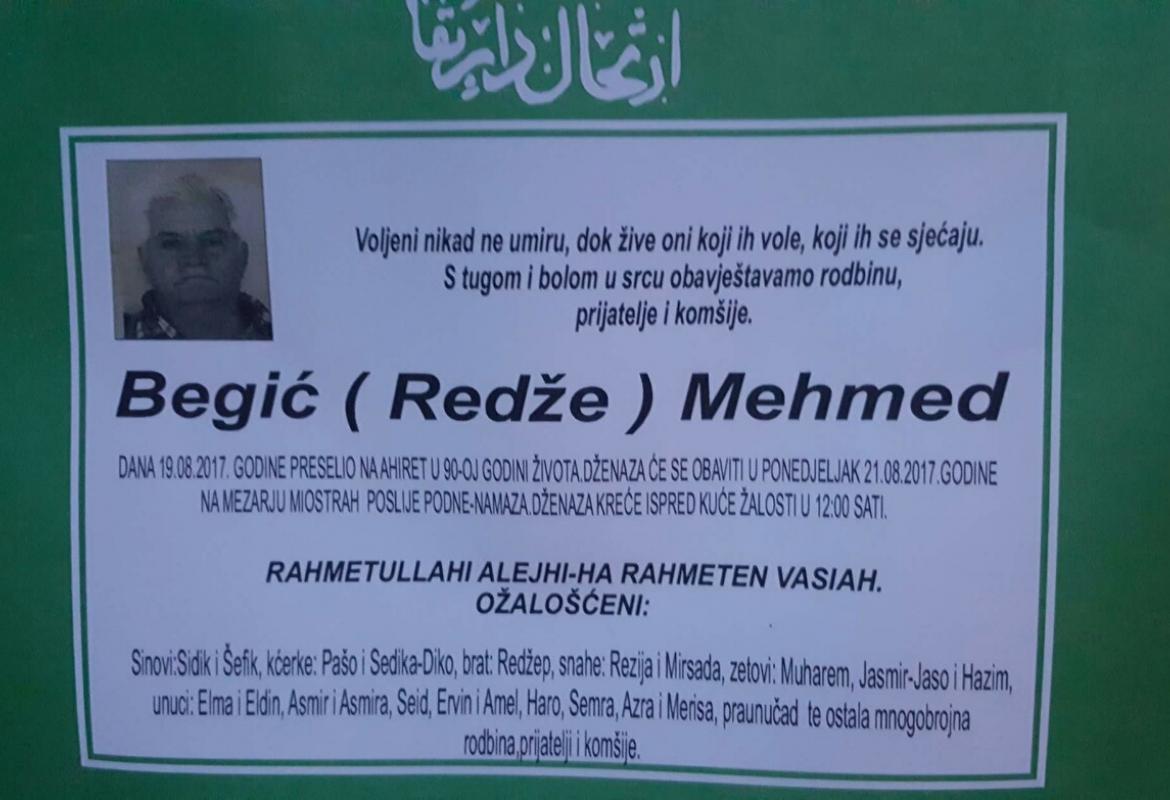 Na Ahiret preselio Begić (Redže) Mehmed