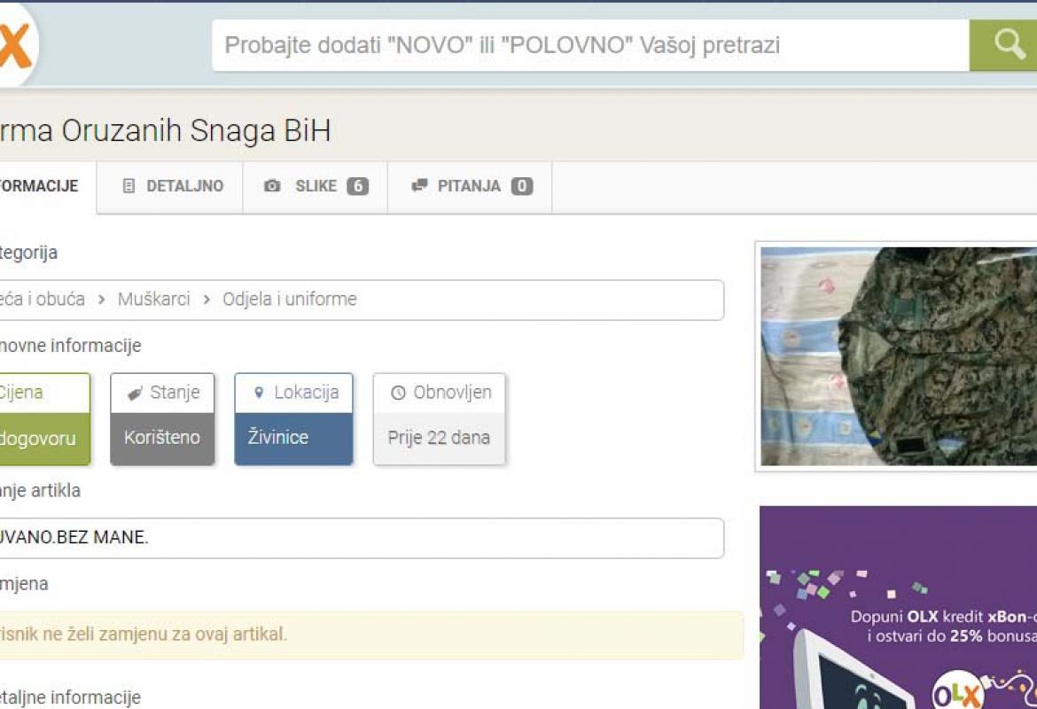 Legalno ili ne: Na prodaju uniforma OS BiH, policijski amblemi i vojna ...