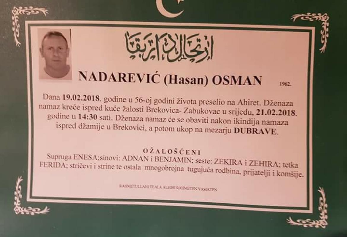 Na Ahiret preselio Nadarević (Hasan) Osman