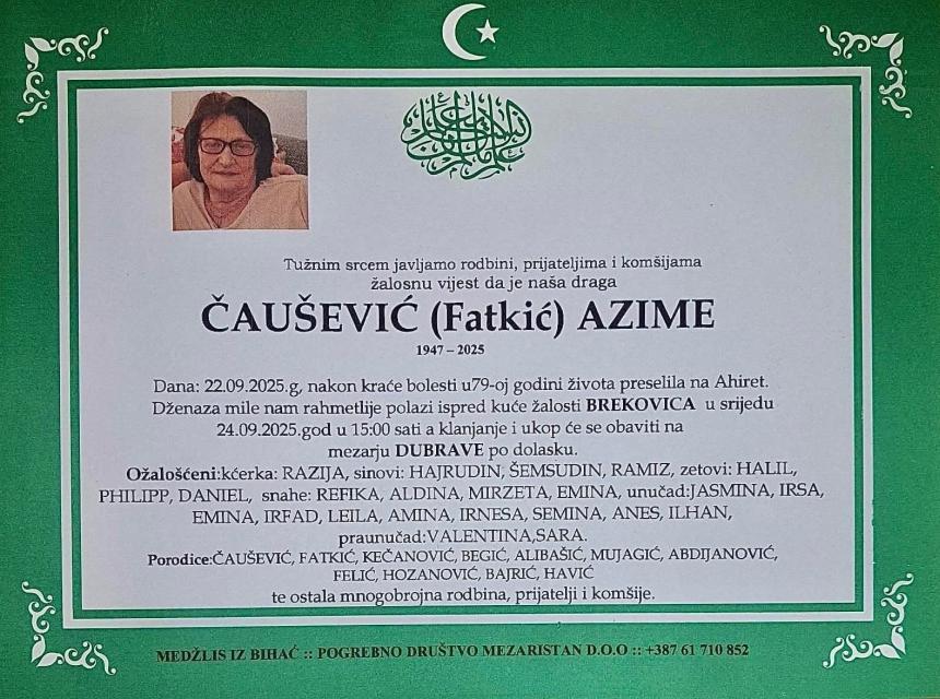 Na Ahiret preselila Čaušević (Fatkić) Azime | Cazin.NET