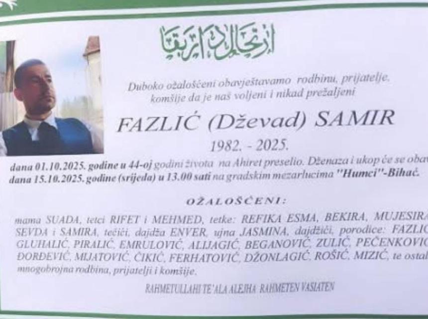 Na Ahiret preselio Fazlić (Dževad) Samir | Cazin.NET