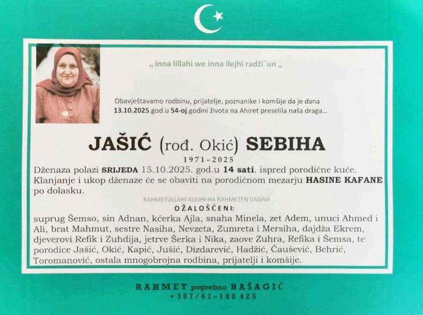 Na Ahiret preselila Jašić (rođ. Okić) Sebiha | Cazin.NET