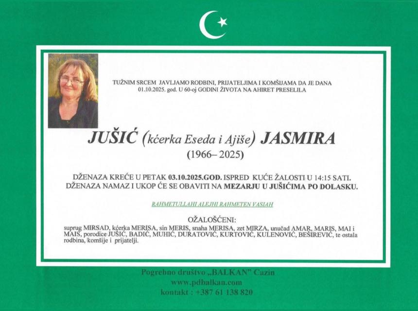 Na Ahiret preselila Jusić (kćerka Eseda i Ajše) Jasmira | Cazin.NET